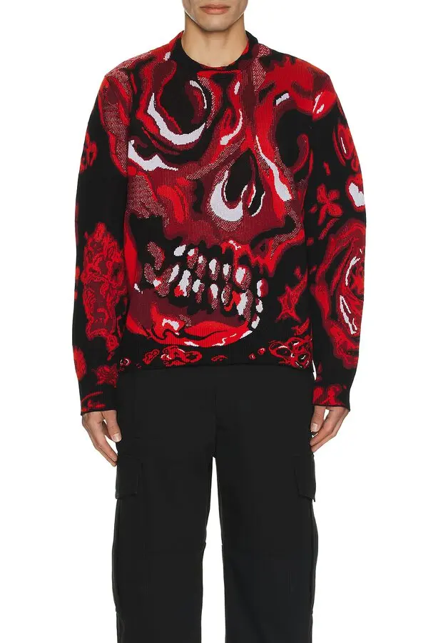 Alexander Mcqueen Skull Knit Sweater In Black & Lust Red - 65% Off